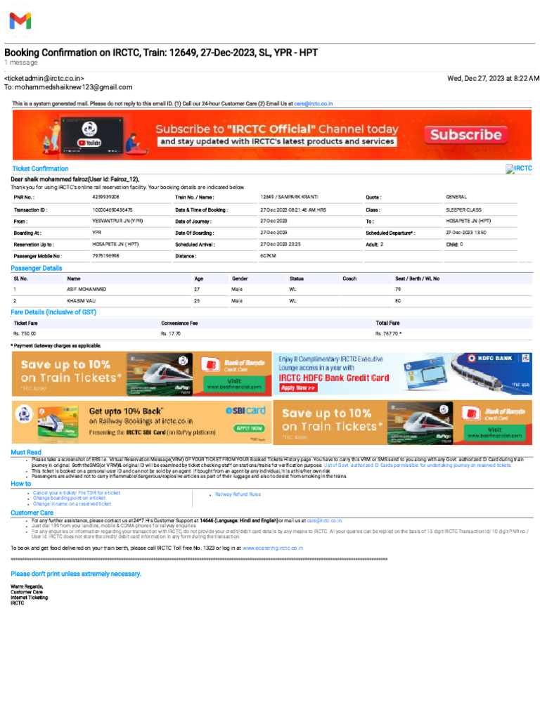 Booking Confirmation On IRCTC, Train: 12649, 27-Dec-2023, SL, YPR - HPT ...