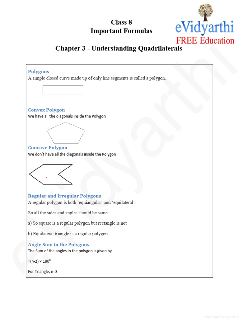 Class 8 Quadrilaterals Formulas Guide | PDF | Rectangle | Euclidean ...