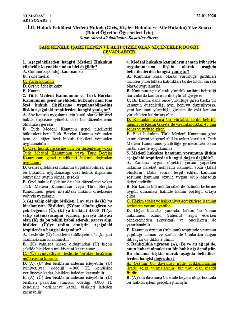 Medeni Hukuk Giris Kisiler Hukuku Vize Sinavi Cevap Anahtari Ikinci Ogretim | PDF