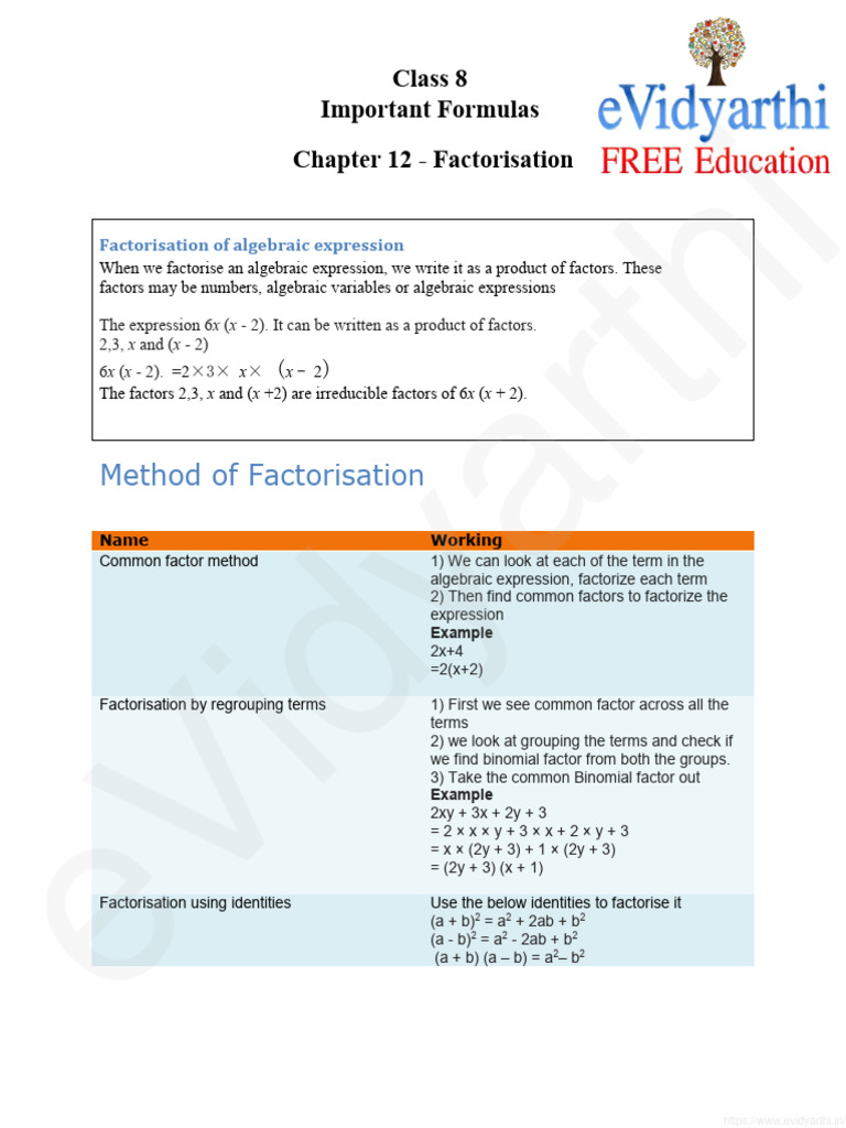 Class 8 Chapter 12 Maths Important Formulas | PDF | Factorization | Division (Mathematics)
