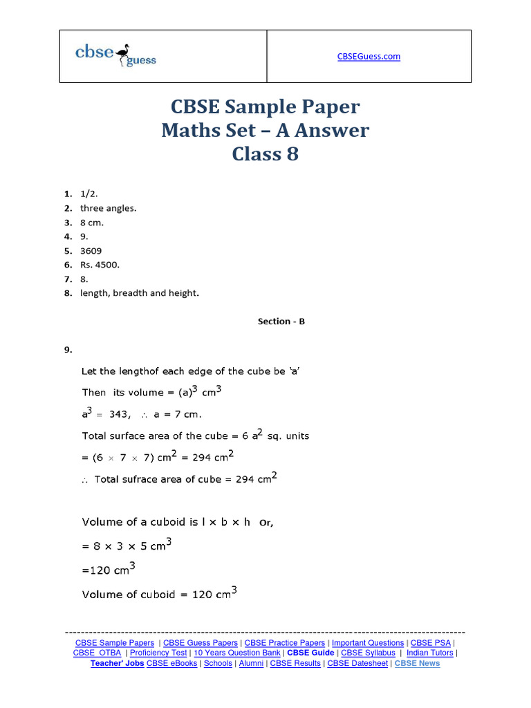 Grade 8 Maths_Set A_Sample Paper_Answers | PDF