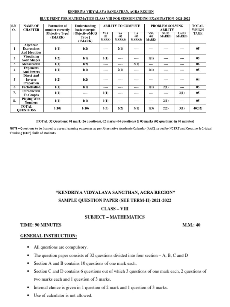 Class 8 Sample Paper 1 Maths | PDF | Area | Mathematics