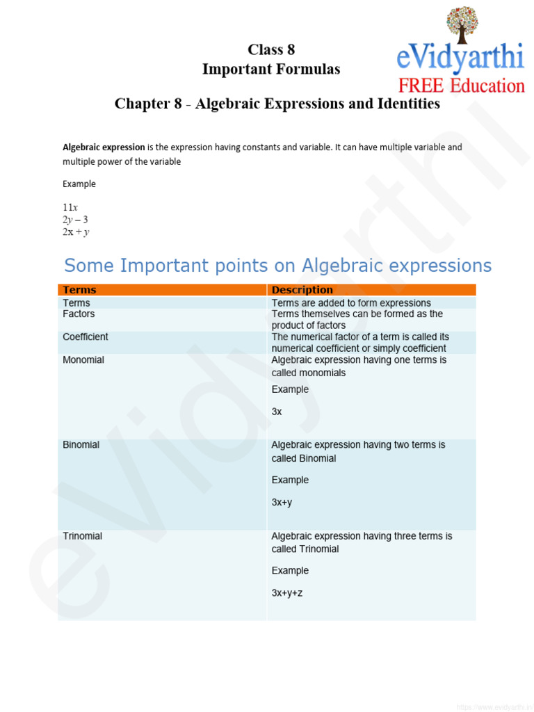 Class 8 Chapter 8 Maths Important Formulas | PDF