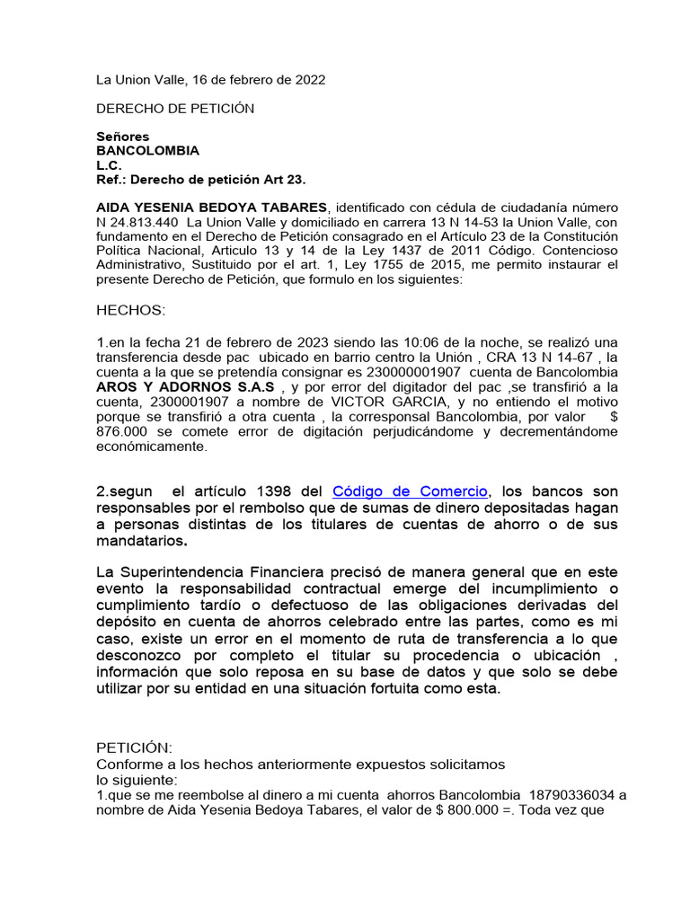 devolucion de banco | PDF | Petición