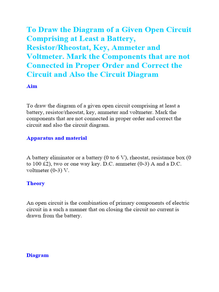 To Draw The Diagram of A Given Open Circuit Comprising at Least A ...