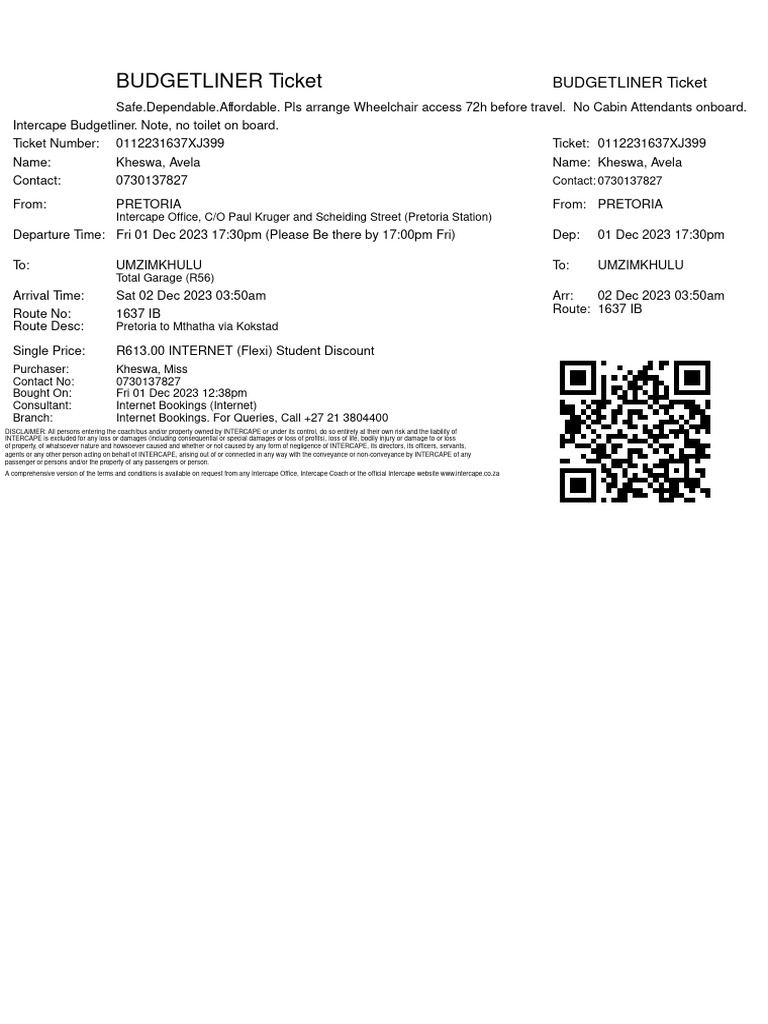 Intercape Ticket | PDF | Civil Law (Legal System) | Private Law