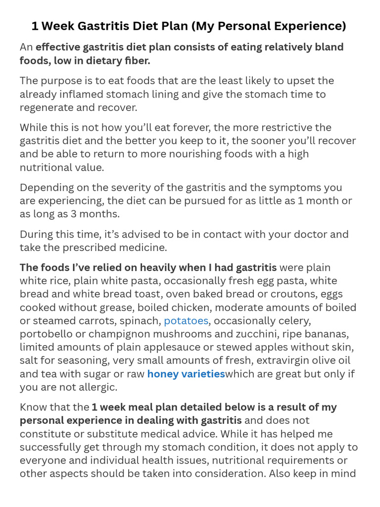 1 Week Gastritis Diet Plan (My Personal Experience) | PDF | Egg As Food | Lunch