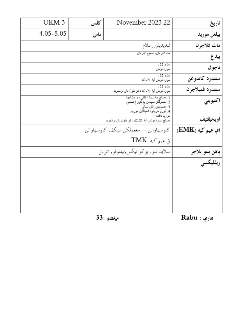RPH PAI (Quran) Tahun 3UKM - Rabu M33 | PDF