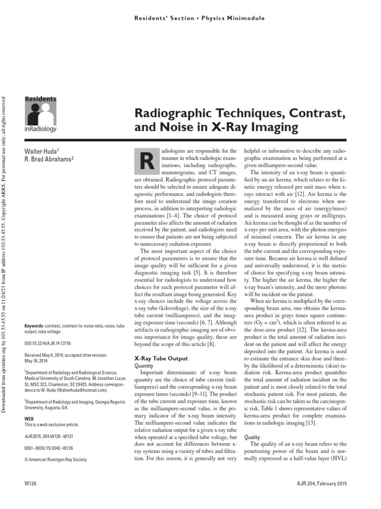 Huda Abrahams 2015 Radiographic Techniques Contrast and Noise in X Ray Imaging | PDF ...