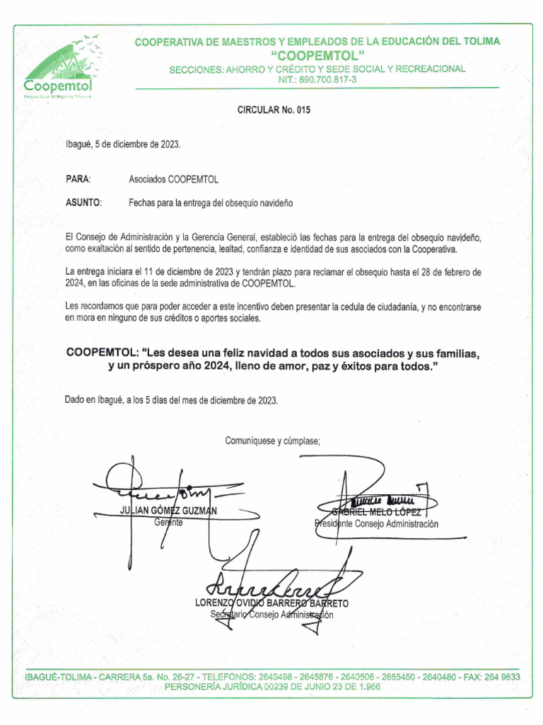 2023-12 015 Circular Entrega Obsequio | PDF