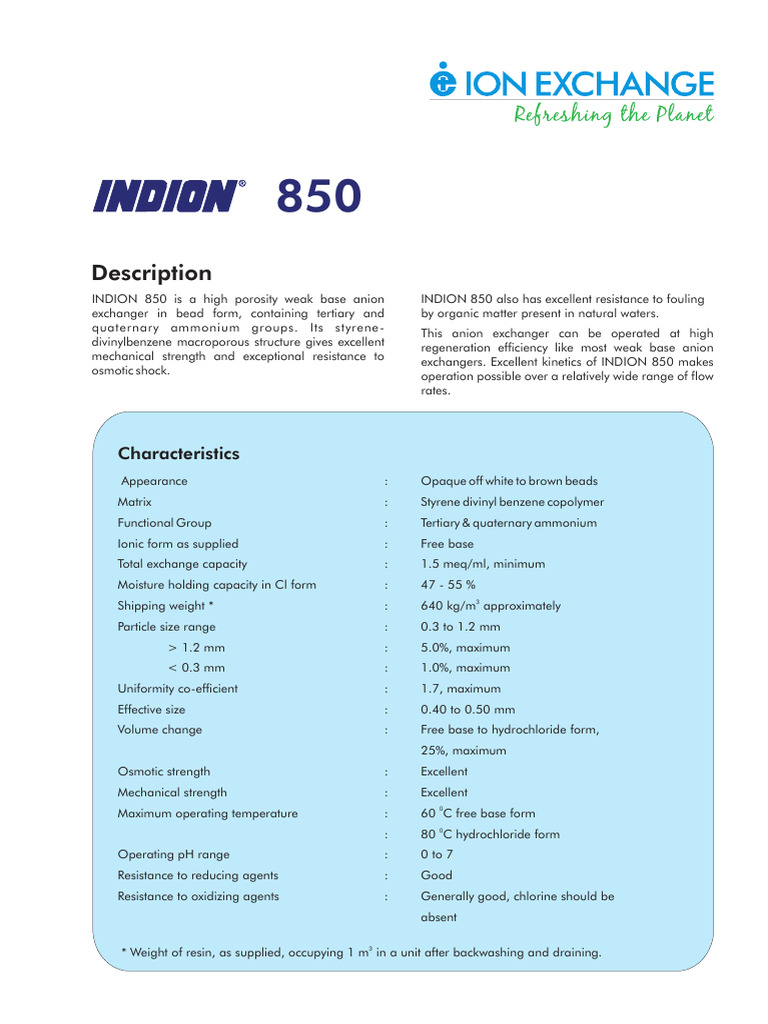 INDION 850 Anion Exchange Resin Overview | PDF | Applied And ...