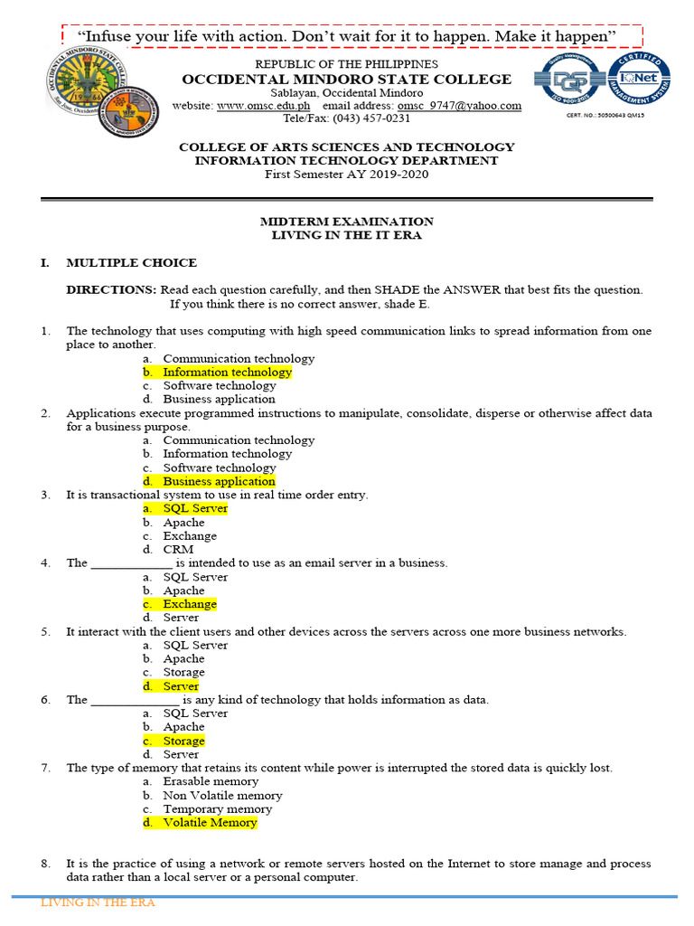 Living in The Era Midterm Exam Ans Key | PDF | Integrated Circuit | Communication