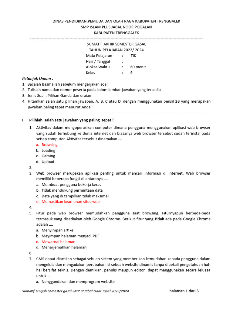 SOAL SAS TIK kls9 SM1 2023-2024 | PDF | Komputer