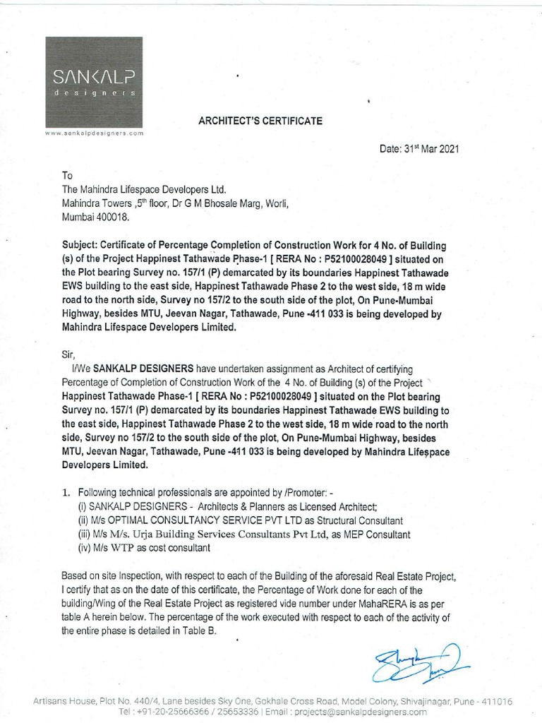 2 Architect's Certificate of Percentage of Completion of Work (Form 1 ...