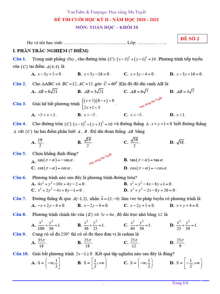 Toán 10 - Thi Cuối Kỳ 2 - ĐỀ 2 | PDF