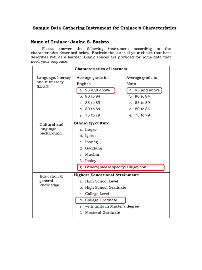 Data Gathering Instrument For Trainee | PDF | Learning | Learning Styles Data Gathering Instrument For Trainee | PDF | Learning | Learning Styles