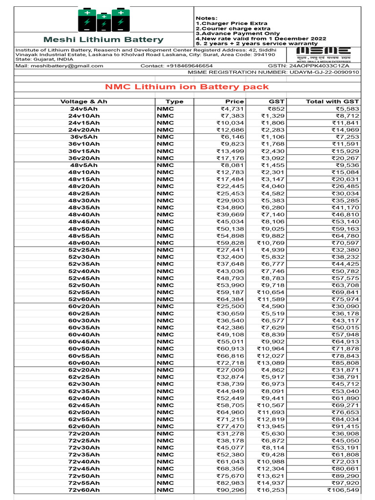 Meshi Lithium Battery Pricing List | PDF | Battery Charger | Chemistry