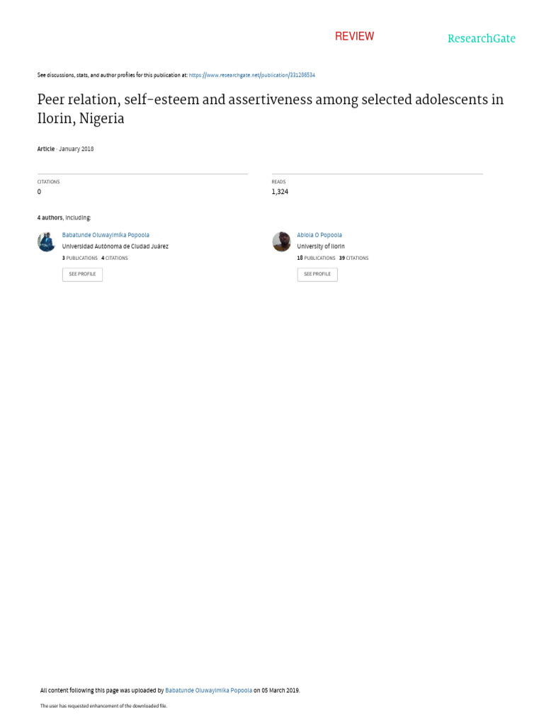 Peer Relation Self Esteem And Assertiveness Among Pdf Self Esteem Adolescence