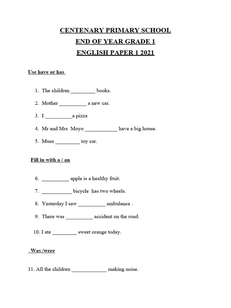 Grade 1 English Paper 1 End of Year 2021 | PDF | Linguistics | Languages