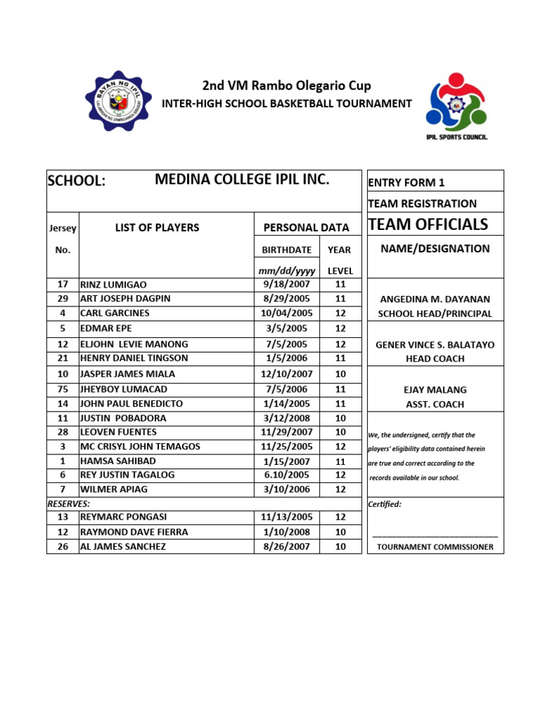 2nd VM Rambo Olegario Cup Entry Forms | PDF | Basketball Positions ...