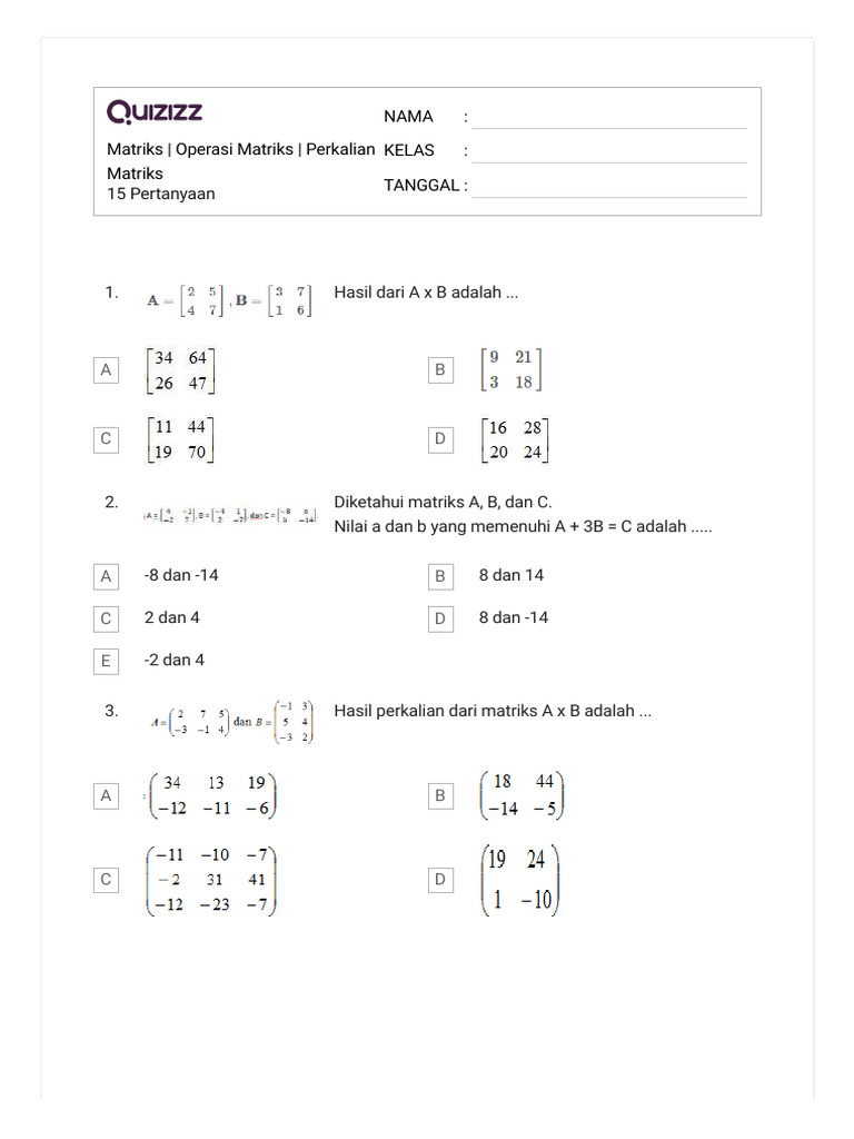 Soal Perkalian Matriks dan Operasi | PDF