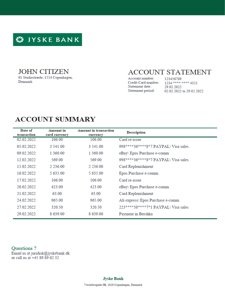 Denmark Jyske Bank Statement Pdf