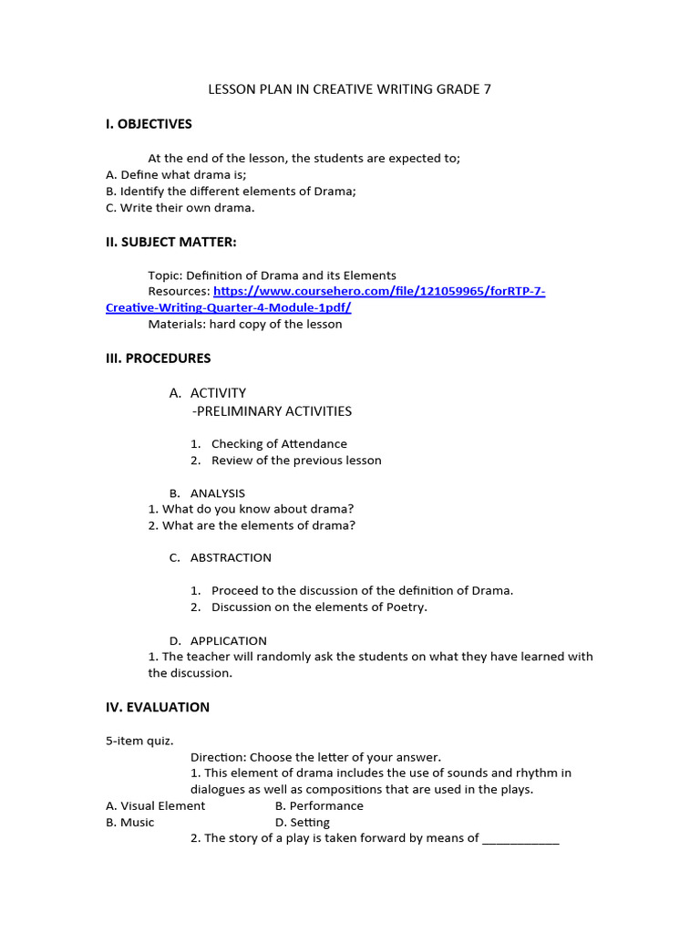 Grade 7 Creative Writing: Drama Lesson | PDF