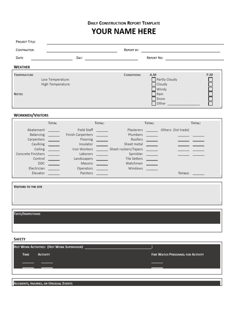 Construction Site Report Template Construction Site Daily Progress