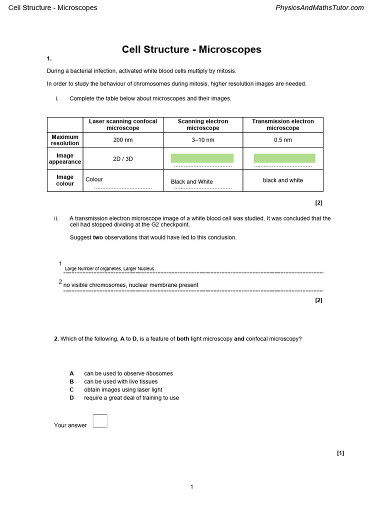 2.1 Cell Structure - Microscopes QP | PDF