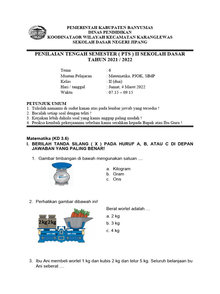 Soal Pts 2 Kelas 2 Tema 6 Jam Ke II (MTK, SBDP, Pjok) | PDF