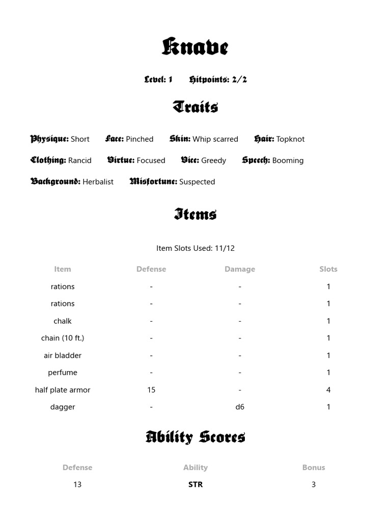 Knave Character Generator | PDF