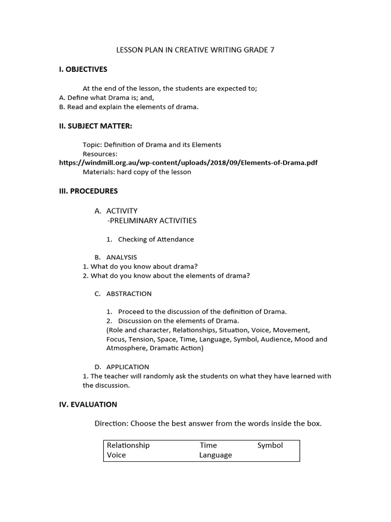 Lesson Plan in Creative Writing Grade 7 | PDF