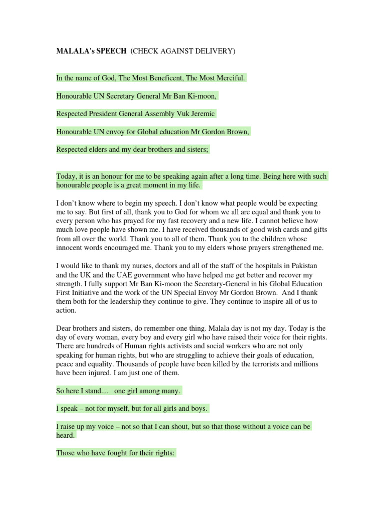 Malala Yousafzai 16th Birthday Speech at The United Nations | PDF ...