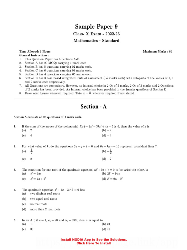 Class10 Math Standardmath Samplepapers 64947 | PDF