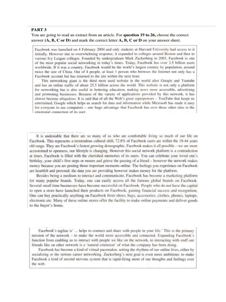 Reading Comprehension (Facebook) | PDF