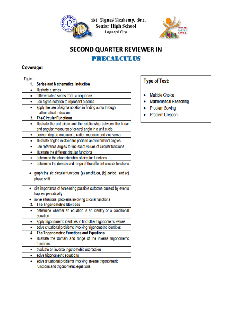 2nd Quarter Reviewer in Precalculus | PDF