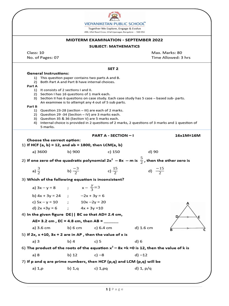 Class10 Math Previousyearmidtermpaper Practice 90746 | PDF | Quadratic Equation | Equations