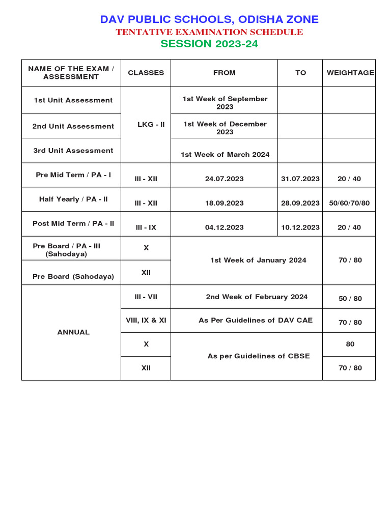 Tentative Exam Schedule 2023-24 | PDF