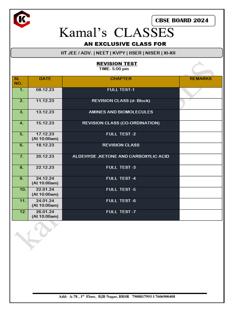Revesion Test Time Table Cbse | PDF
