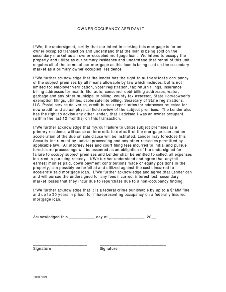 Msi Owner Occupancy Affidavit | Foreclosure | Mortgage Law