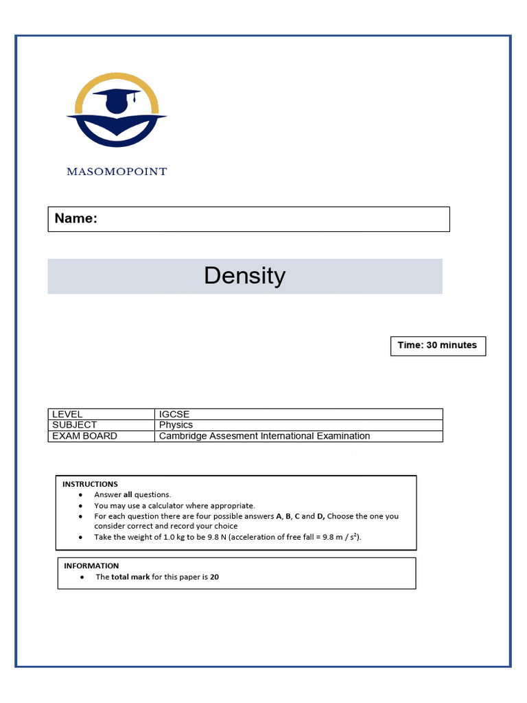 Denisity (MCQ) QP 1 | PDF | Density | Physical Quantities