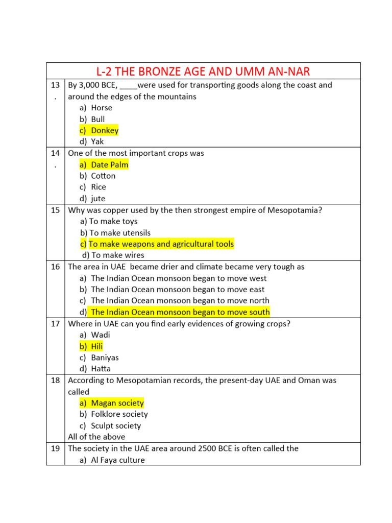 MCQ Bronze Age | PDF