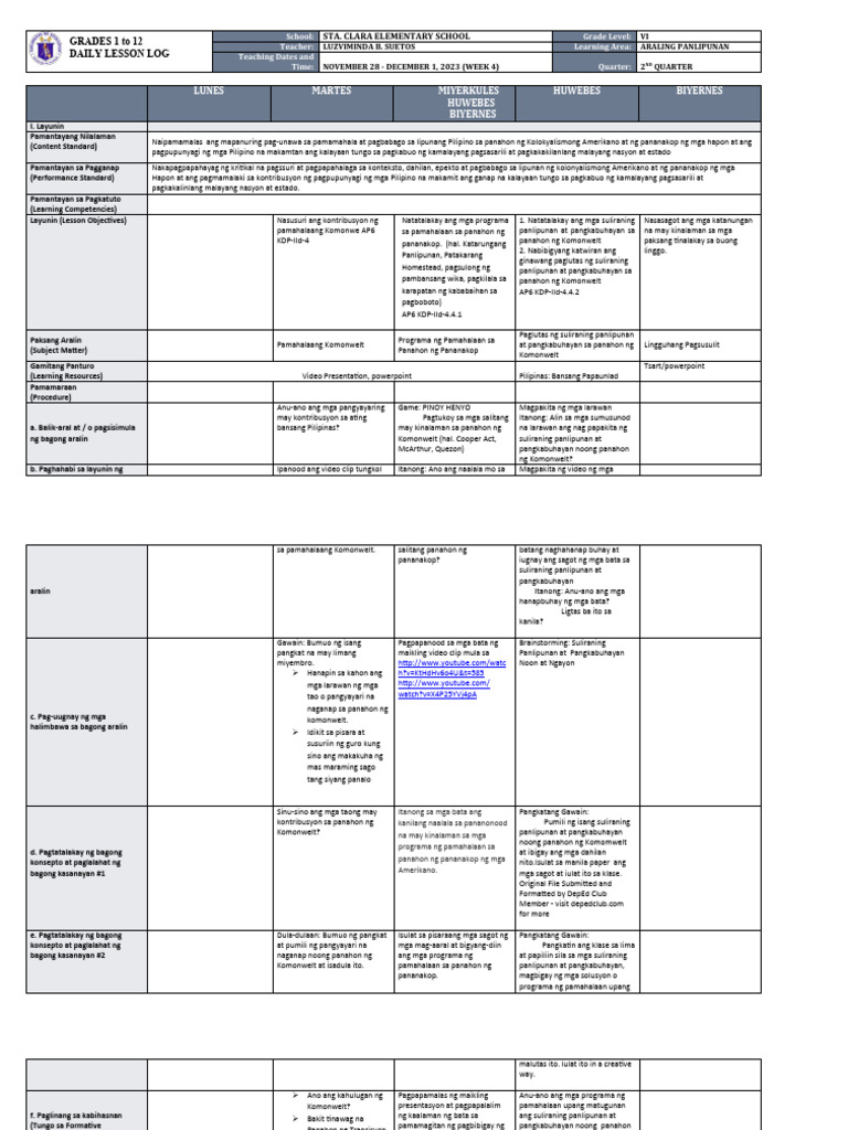 DLL - Araling Panlipunan 6 - Q2 - W4 | PDF