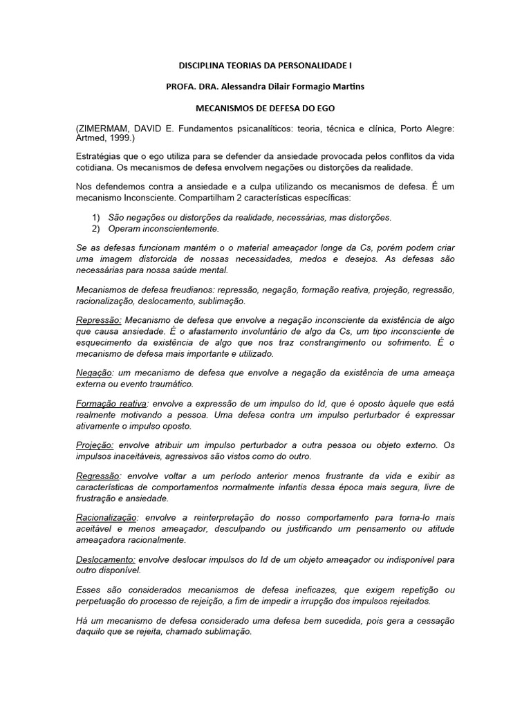 Mecanismos de Defesa Do Ego | PDF