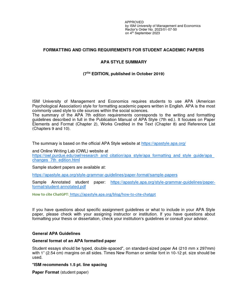 Formatting and Citing Requirements For Student Academic Papers | PDF ...