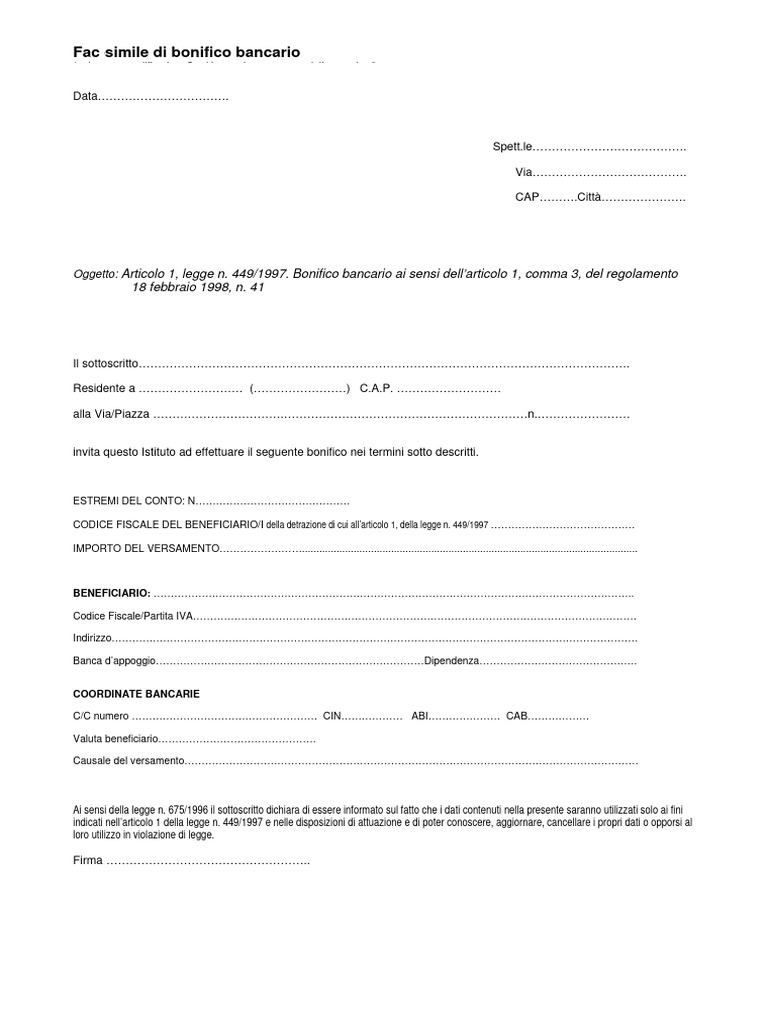 Modello Di Bonifico Bancario | PDF