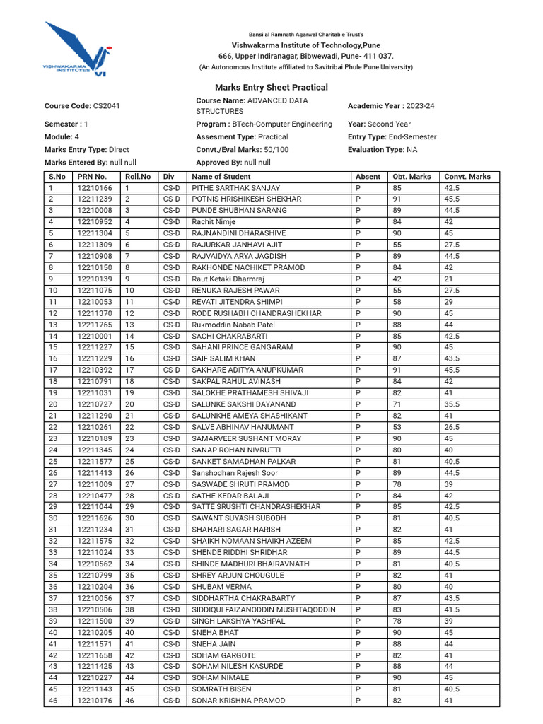 Sy-D Ads Lab Exam Marks | PDF Sy-D Ads Lab Exam Marks | PDF