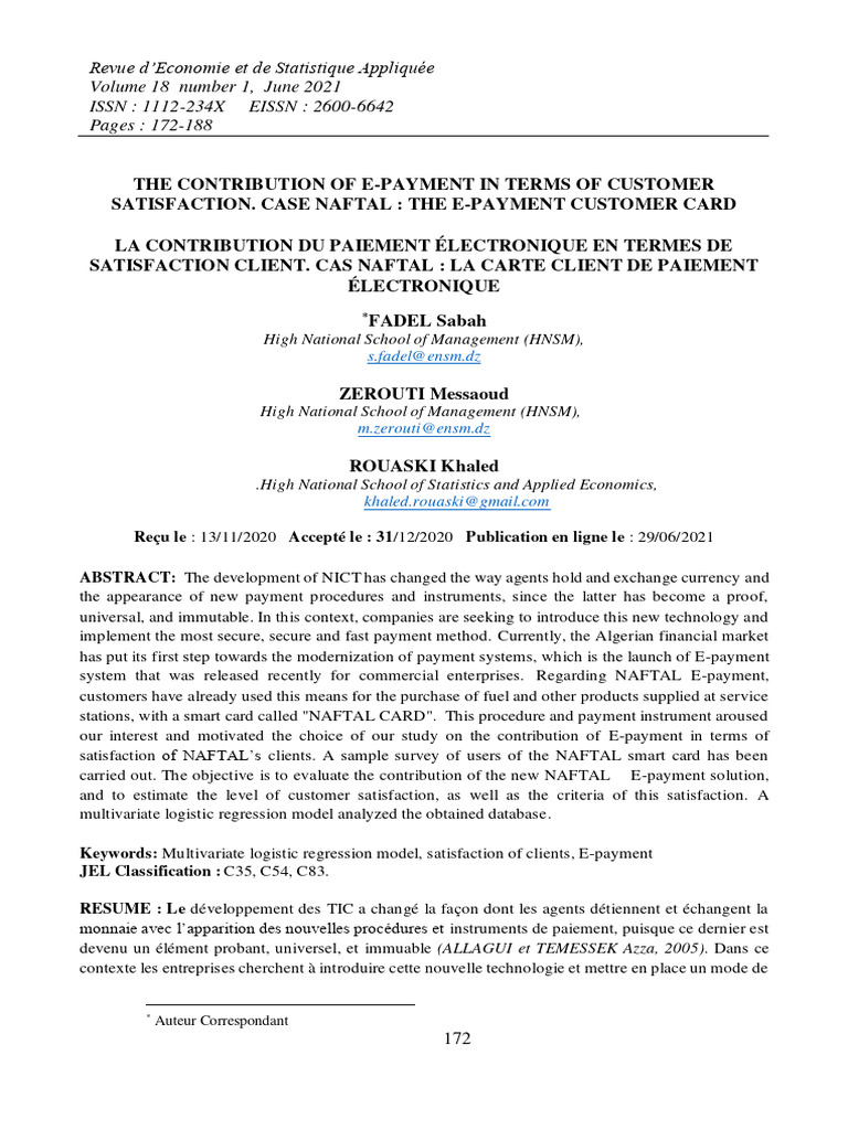 L'apport Du e Paiement en Termes de Satisfaction Des Clients. Cas Naftal - La Carte de Client e ...
