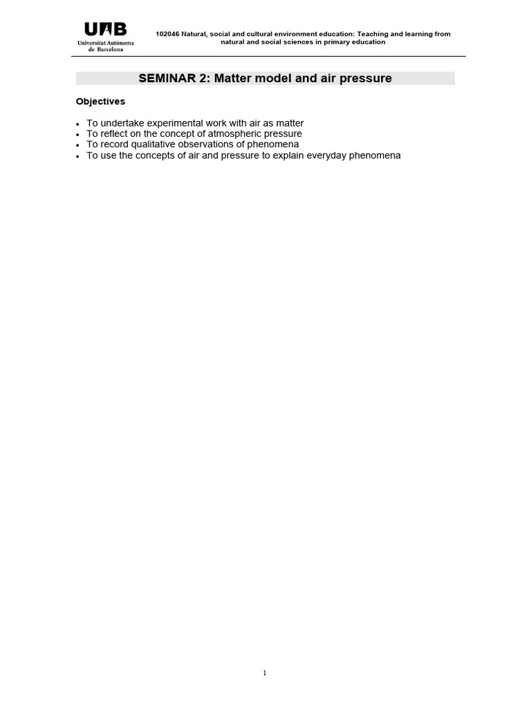 Seminar2 - Matter Model and Air Pressure - Laboratory Activites | PDF ...
