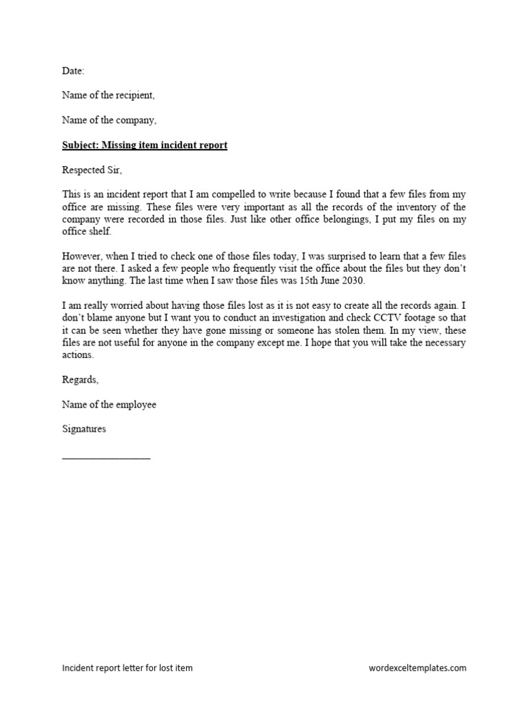 Incident Report Letter For Lost Item - 2 | PDF